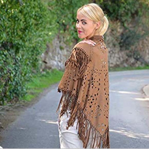 Choles | Jackets & Coats | Choles Suedetta Laser Cut Fringed Cut Shawl ...